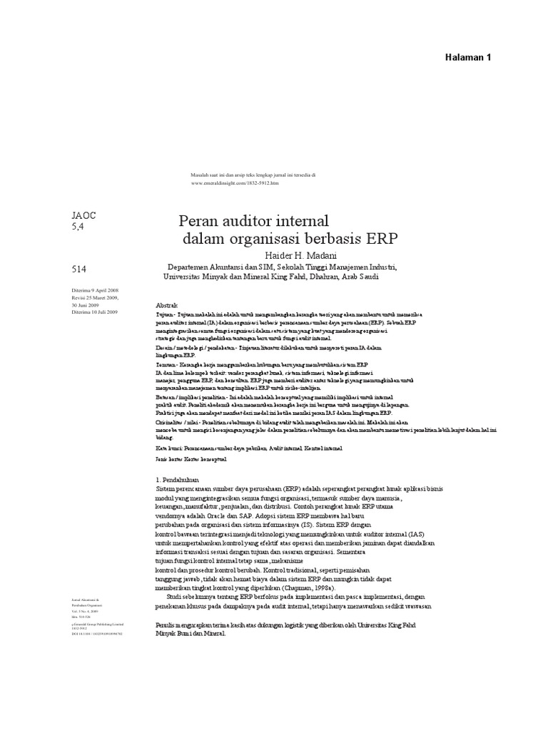Peran Auditor Internal Dalam ERP | PDF