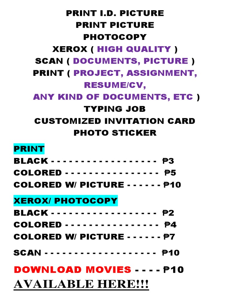 Print and Xerox Services Available Here | PDF