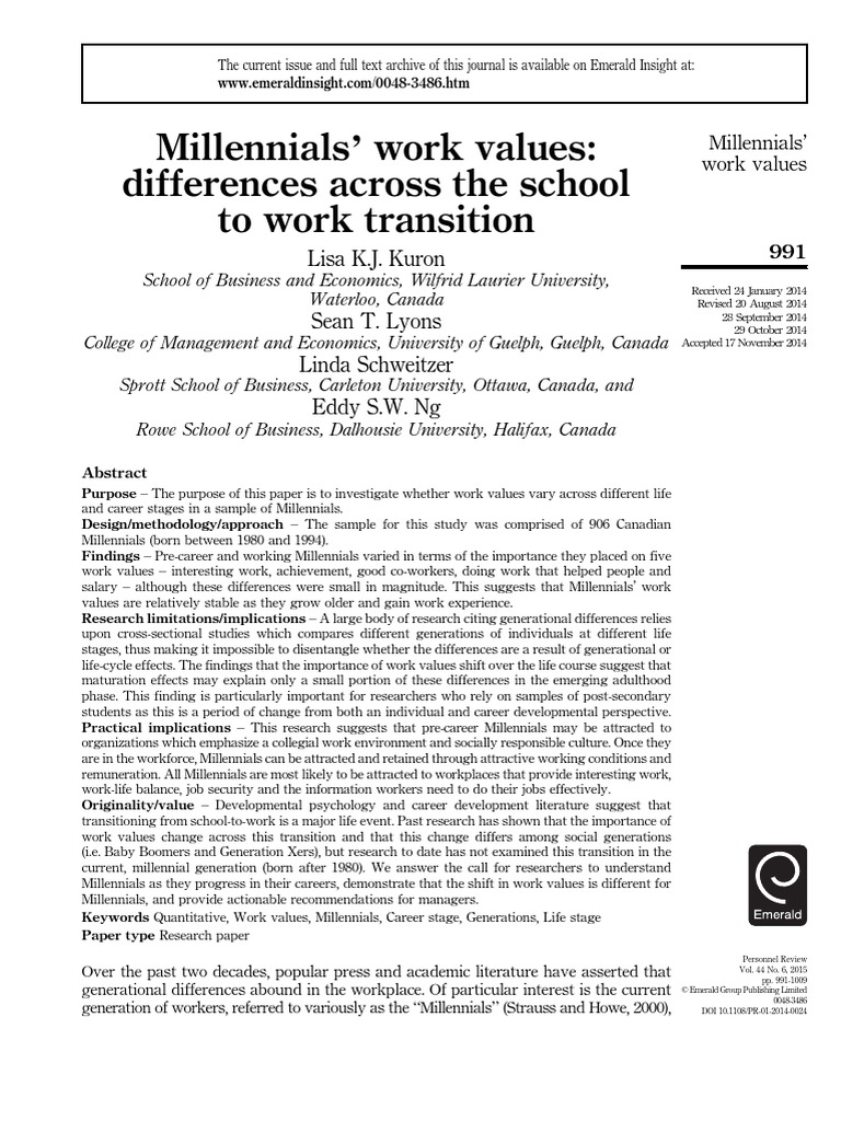 Millennials ' Work Values: Differences Across The School To Work ...