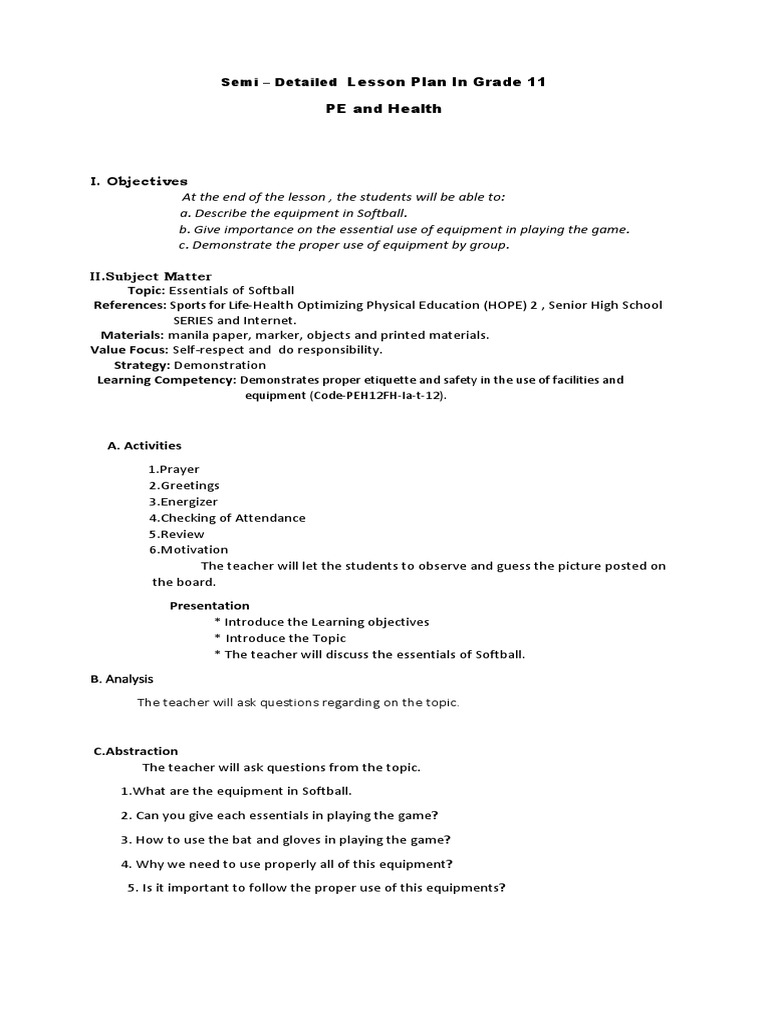 Softball Detailed Lesson Plan | PDF