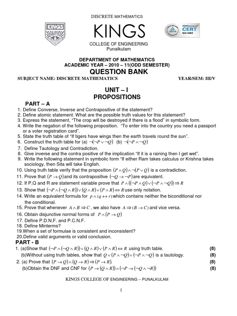 Discrete Mathematics: Question Bank for Unit I - Propositions and Unit II - Predicate Calculus ...