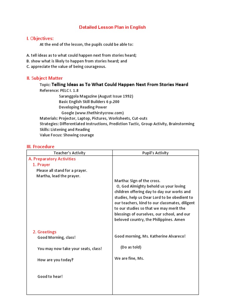 Detailed Lesson Plan English | PDF | Lesson Plan