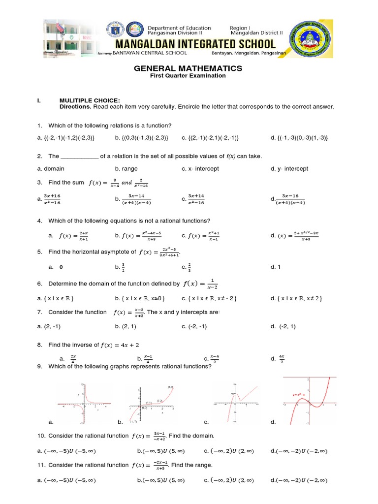 General Mathematics 1st Quarter Exam | PDF | Function (Mathematics ...