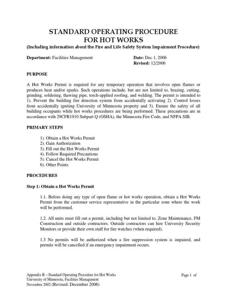 Standard Operating Procedure For Hot Works | PDF | Fire Sprinkler ...