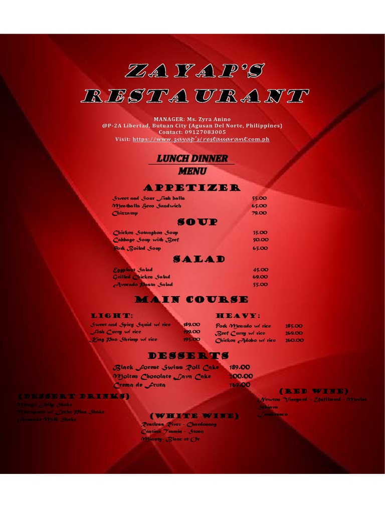 Zayap's Restaurant Menu | PDF | Curry | Lunch
