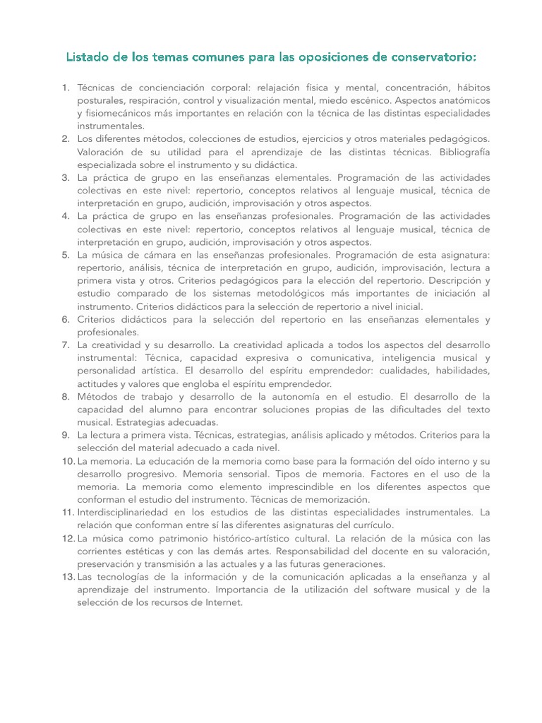 Listado Temas Comunes Oposiciones Conservatorios | PDF | Memoria ...