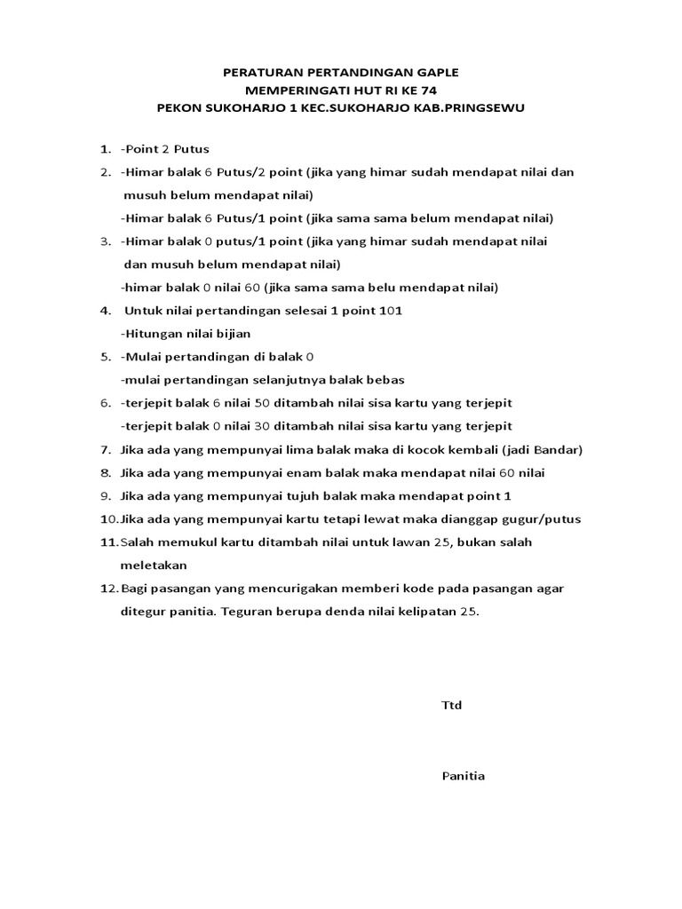 Contoh Peraturan Permainan Gaple | PDF