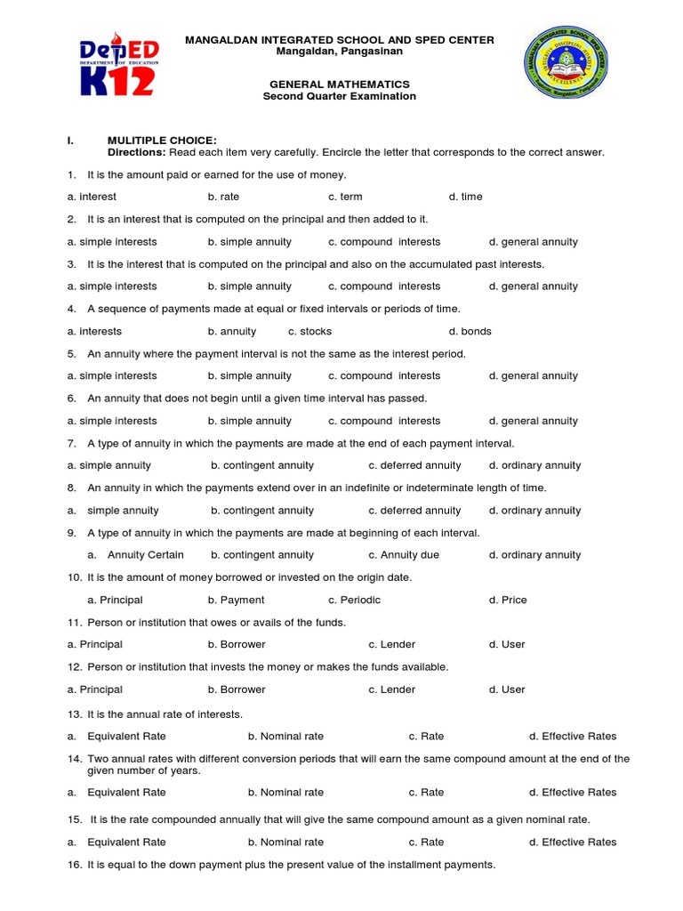 2nd Quarter Exam - Gen Math | Interest | Annuity (European)