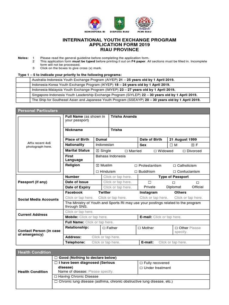 Youth Exchange Program Application 2019 | PDF | Chronic Condition ...