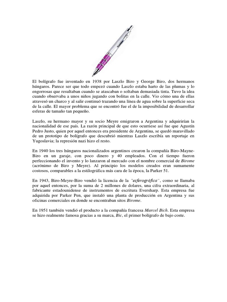El Bolígrafo Fue Inventado en 1938 Por Laszlo Biro y George Biro | PDF