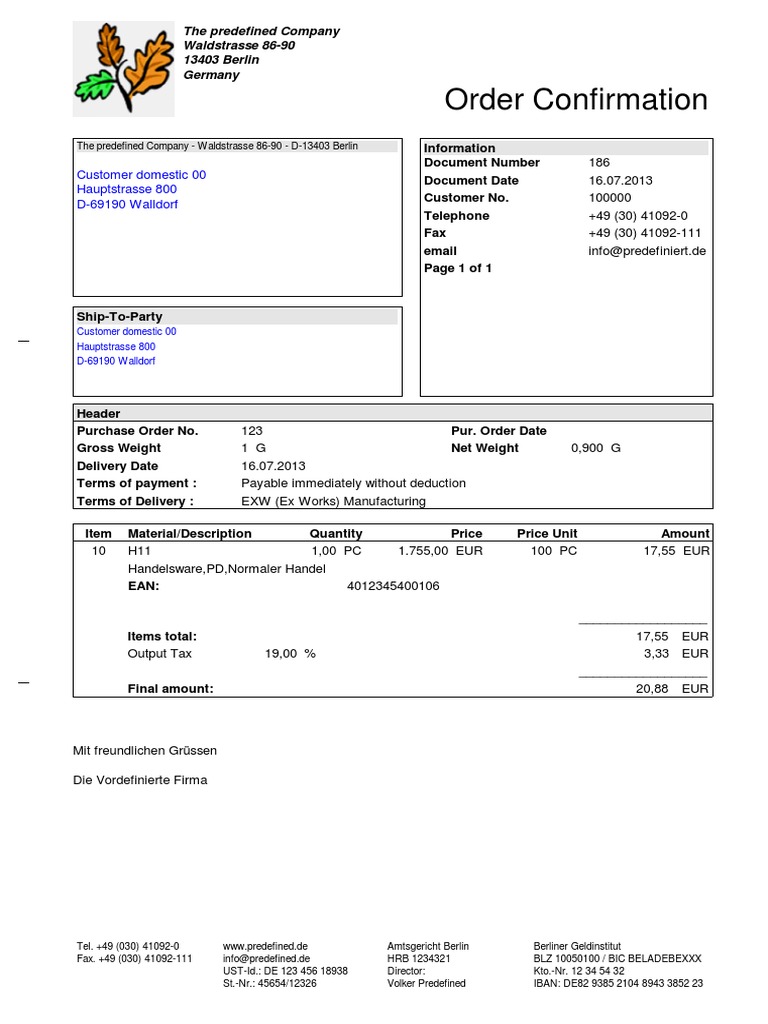 SAP Standard Order Confirmation Form | Public Finance | Taxation