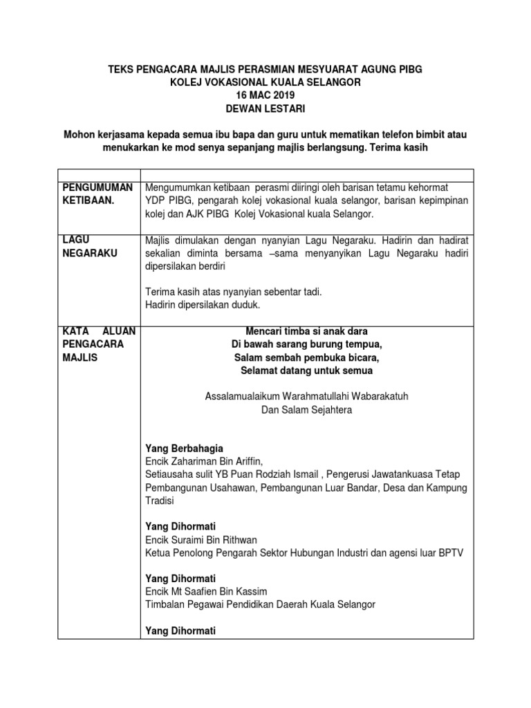 Teks Pengacara Majlis Perasmian Mesyuarat Agung Pibg | PDF | Karier & Perkembangan