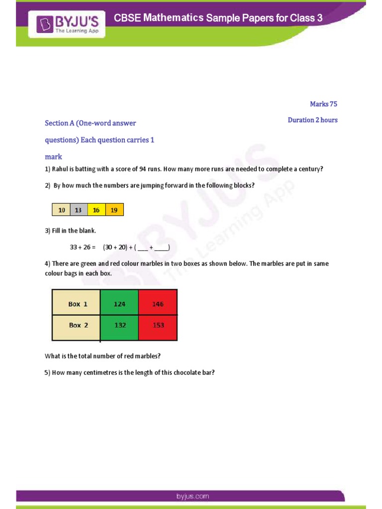 Class 3 CBSE Maths Sample Papers | PDF | Teaching Mathematics