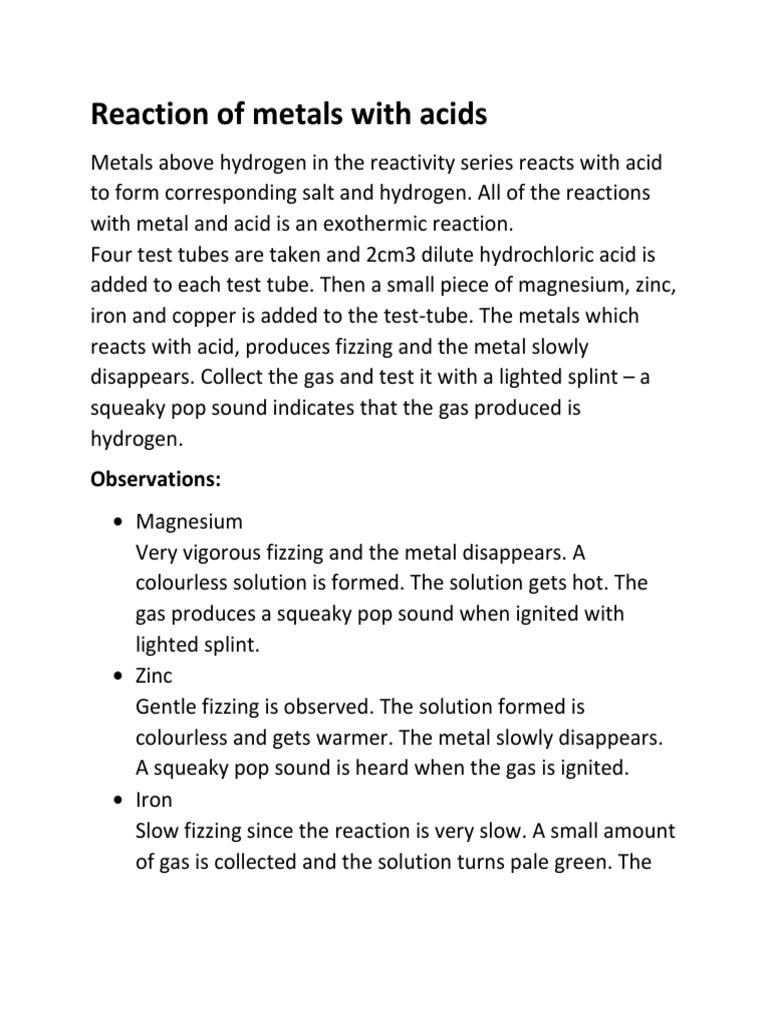 Reaction of Metals With Acid | PDF