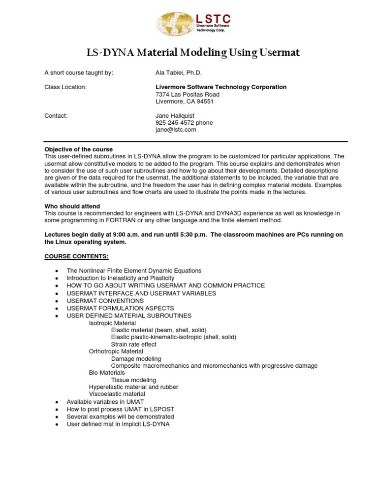 LS-DYNA Material Modeling Using Usermat | PDF | Elasticity (Physics) | Areas Of Computer Science