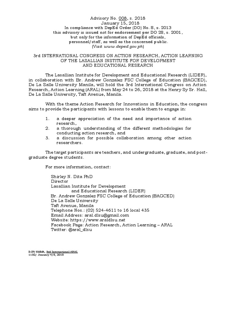 DepEd Advisory - ARAL 2018 | PDF
