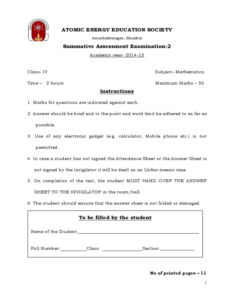Class 4 Maths Summative Assessment Paper | PDF | Nature