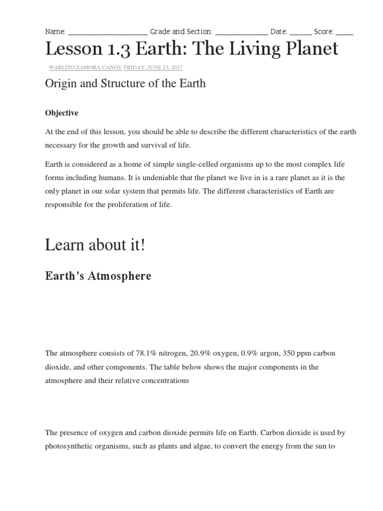 Lesson 1.3 The Living Earth | PDF | Atmosphere Of Earth | Photosynthesis