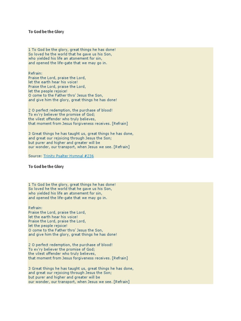 "To God Be the Glory Hymn Lyrics" | PDF | Christian Belief And Doctrine ...