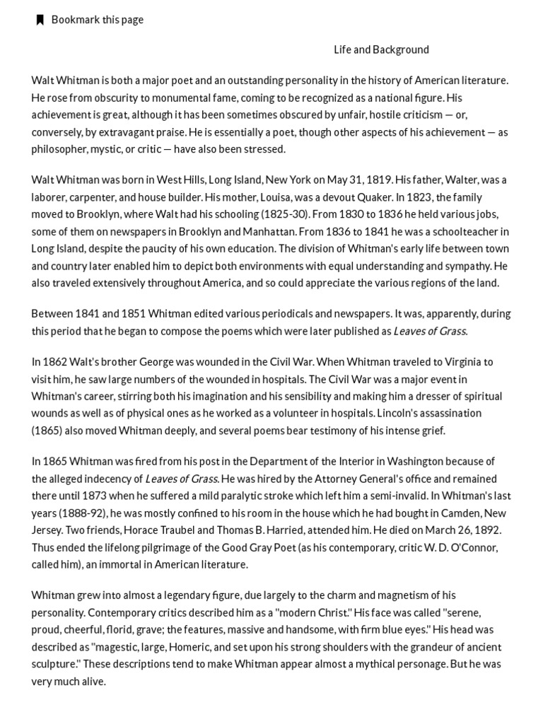 Walt Whitman | PDF | Leaves Of Grass | Walt Whitman