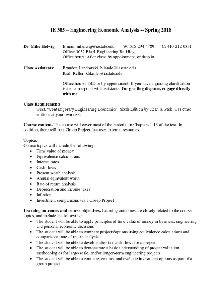 Engineering Economic Analysis Syllabus | PDF | Academic Dishonesty | Homework