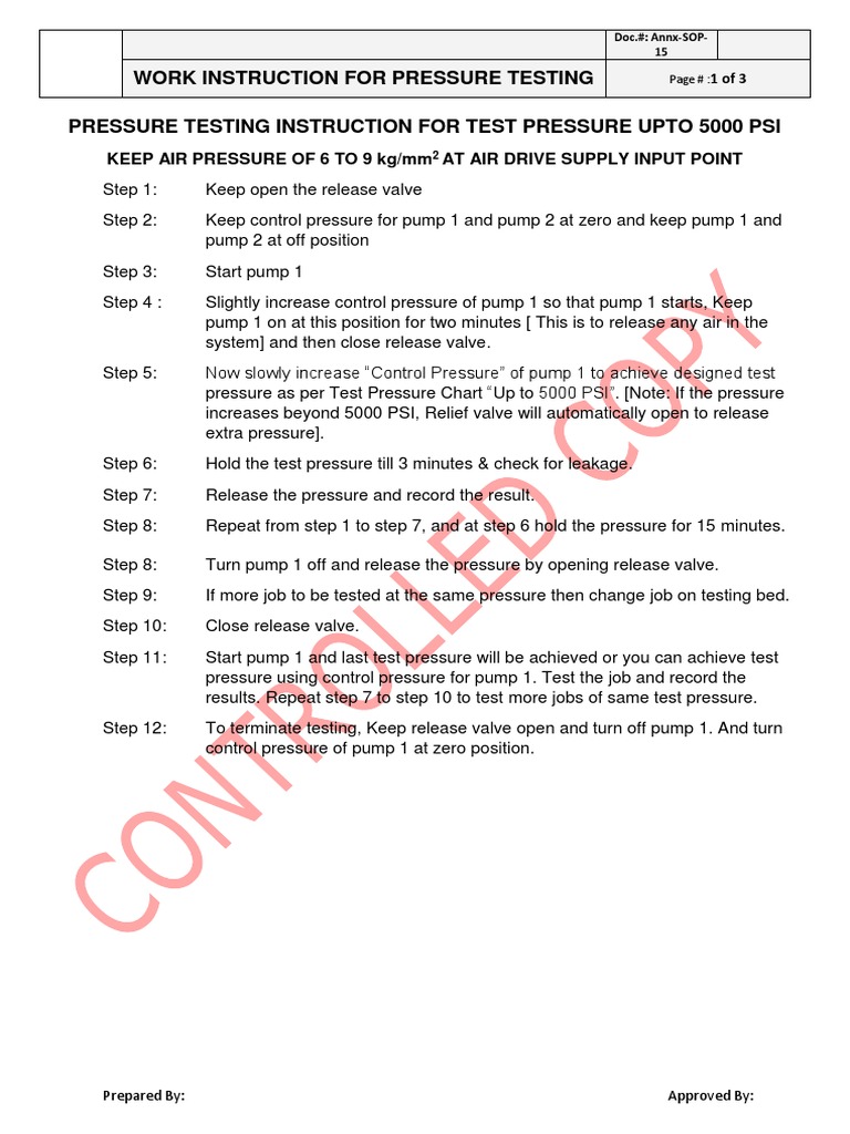 Work Instruction For Pressure Testing Pressure Testing Instruction For ...