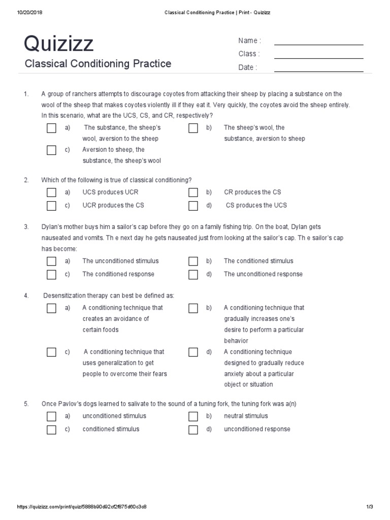 Classical Conditioning Practice - Print - Quizizz | PDF | Classical ...