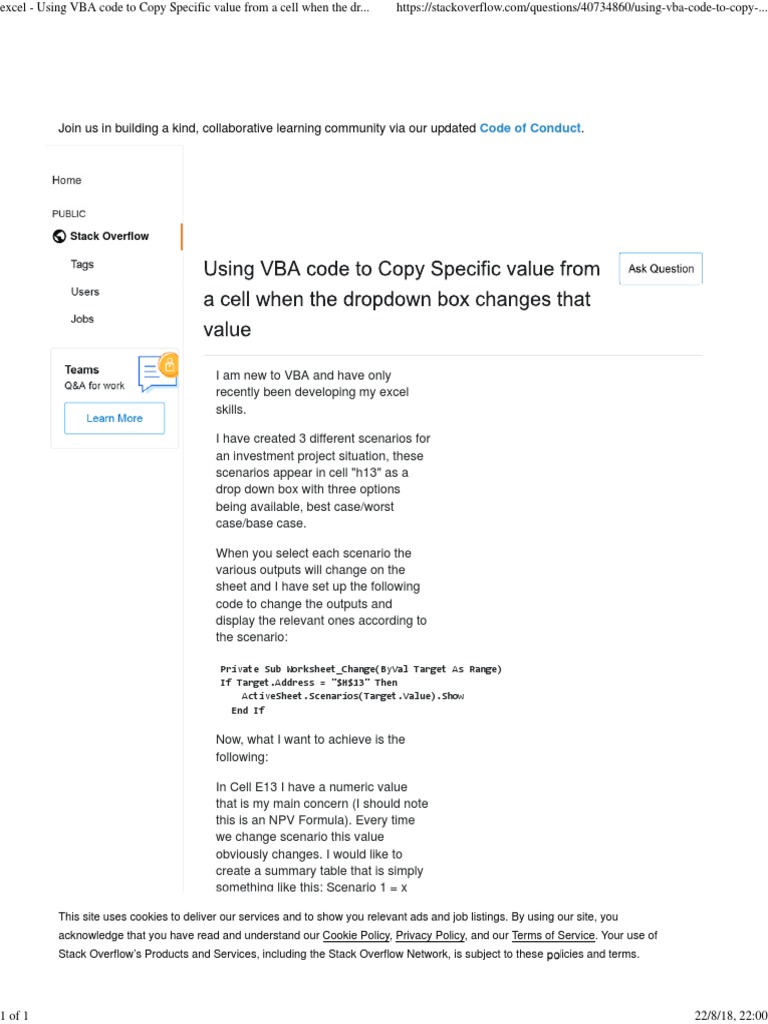 Excel - Using VBA Code To Copy Specific Value From A Cell When The Dropdown Box Changes That ...