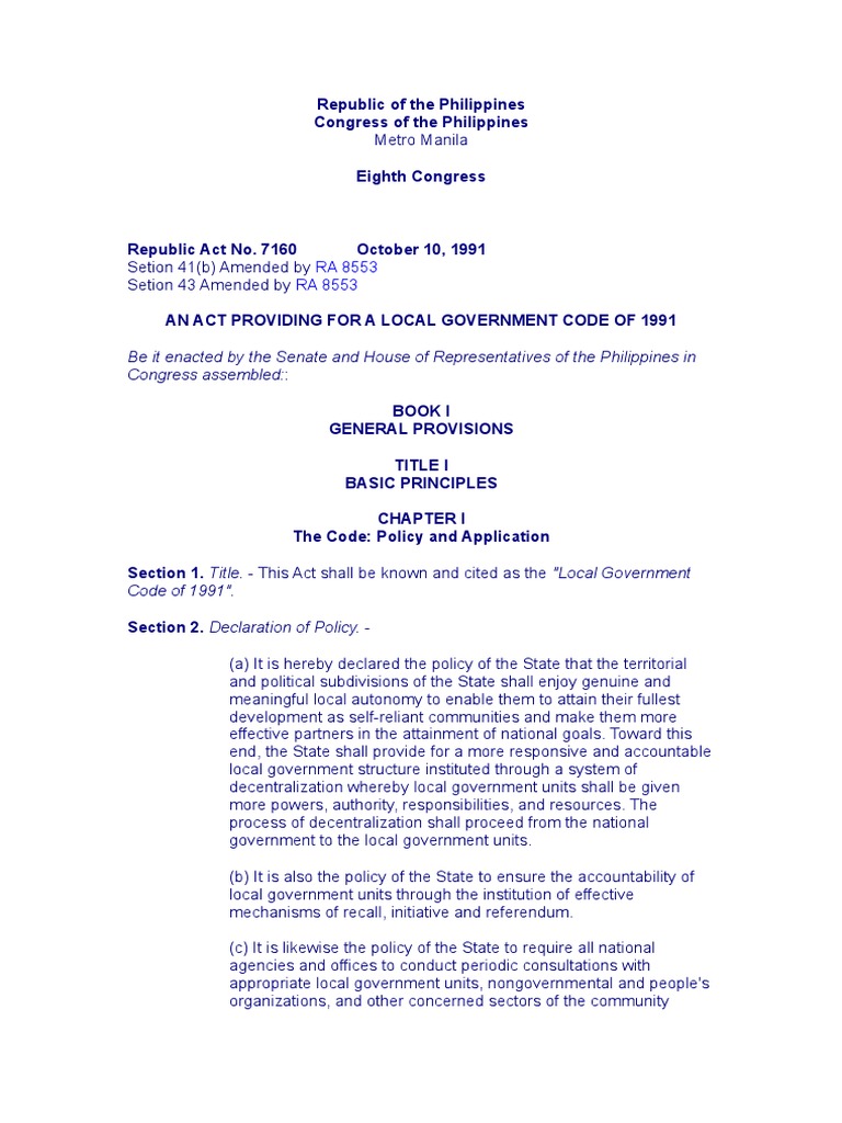 RA 7160 The Local Government Code Of 1991 PDF Local