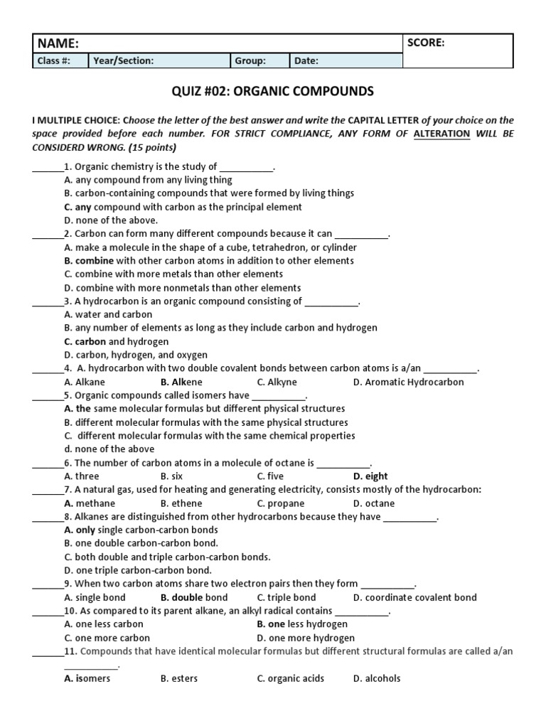 Science 9 2nd Quiz #02 Organic Compounds | PDF | Covalent Bond | Carbon