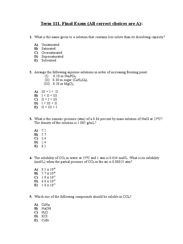 061 Chem 101 Final Exam | PDF | Gases | Solution