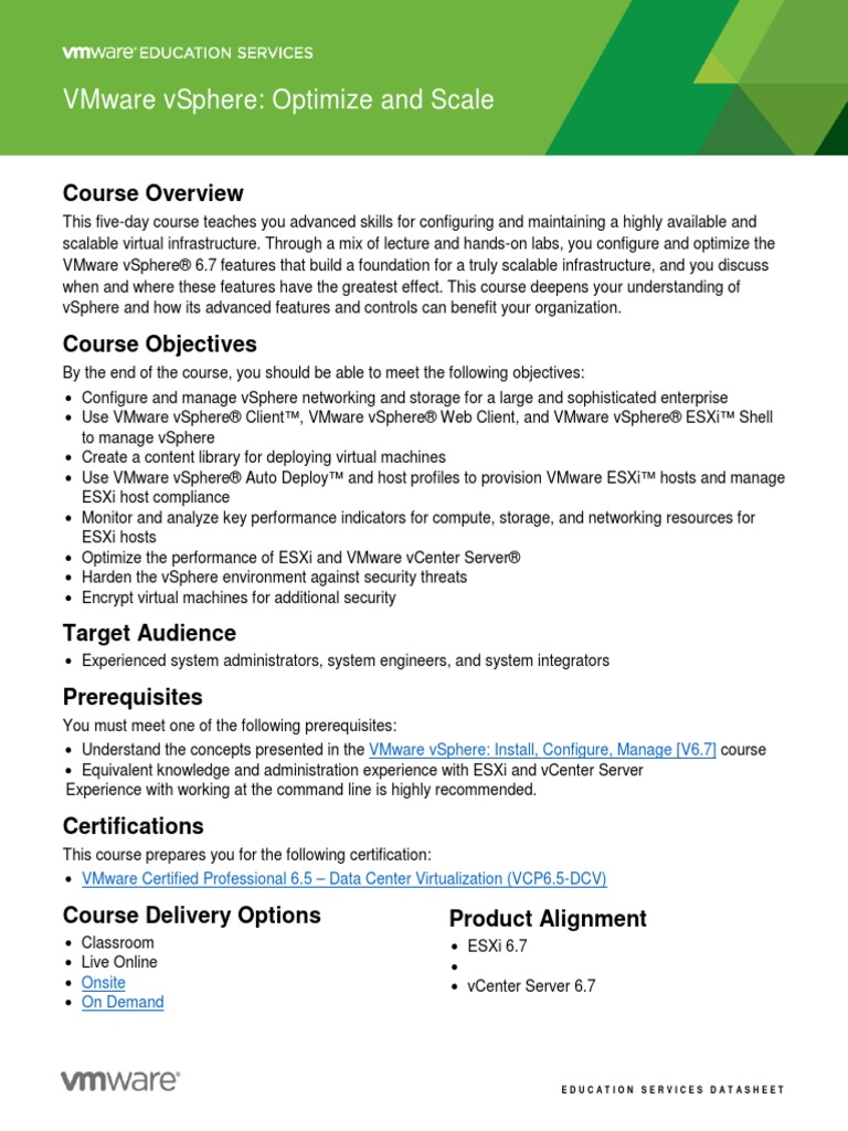 EDU - DATASHEET - Vsphere Optimize and Scale V6.7 | PDF | Scalability | V Mware