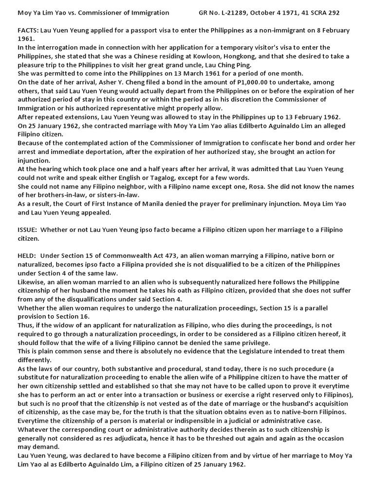Moy Ya Lim Yao V Commisioner Ministerio V CFI | PDF | Naturalization ...