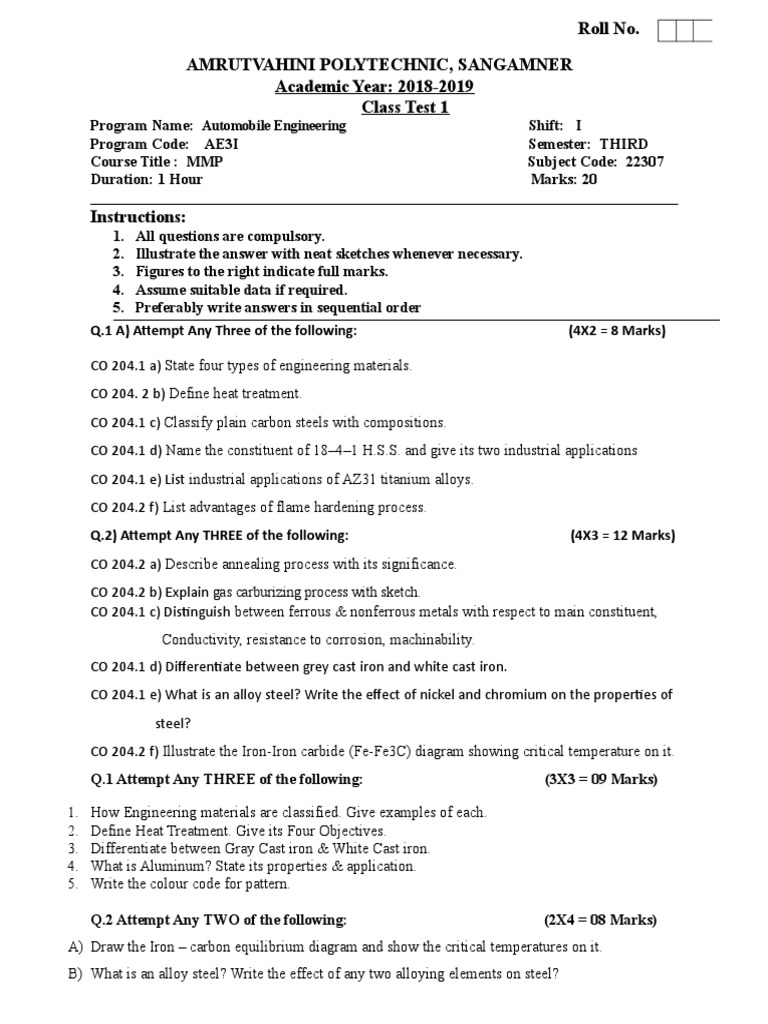 Class Test Question Paper MMP I SCHEME | PDF | Heat Treating | Foundry