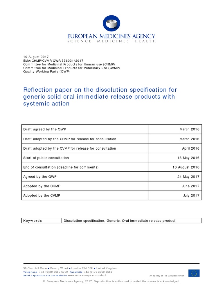 Reflection Paper On The Dissolution Specification For Generic Solid Oral Immediate Release ...