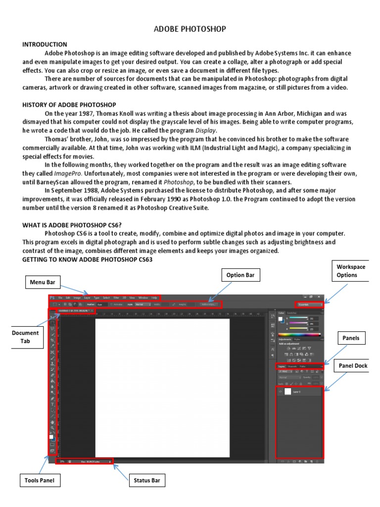 Adobe Photoshop: Workspace Options Option Bar Menu Bar | PDF | Adobe ...