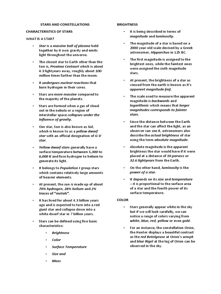 Stars and Constellations Characteristics of Stars Brightness | PDF ...