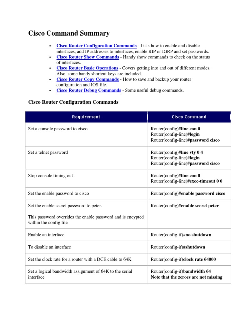 Cisco Command Summary Cisco Router Configuration Commands Pdf Router Computing Internet