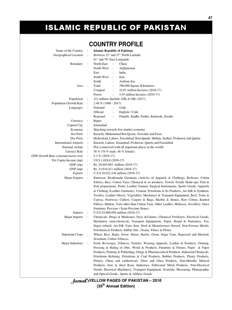 Pakistan Country Profile 2018 | PDF | Textiles | Cotton