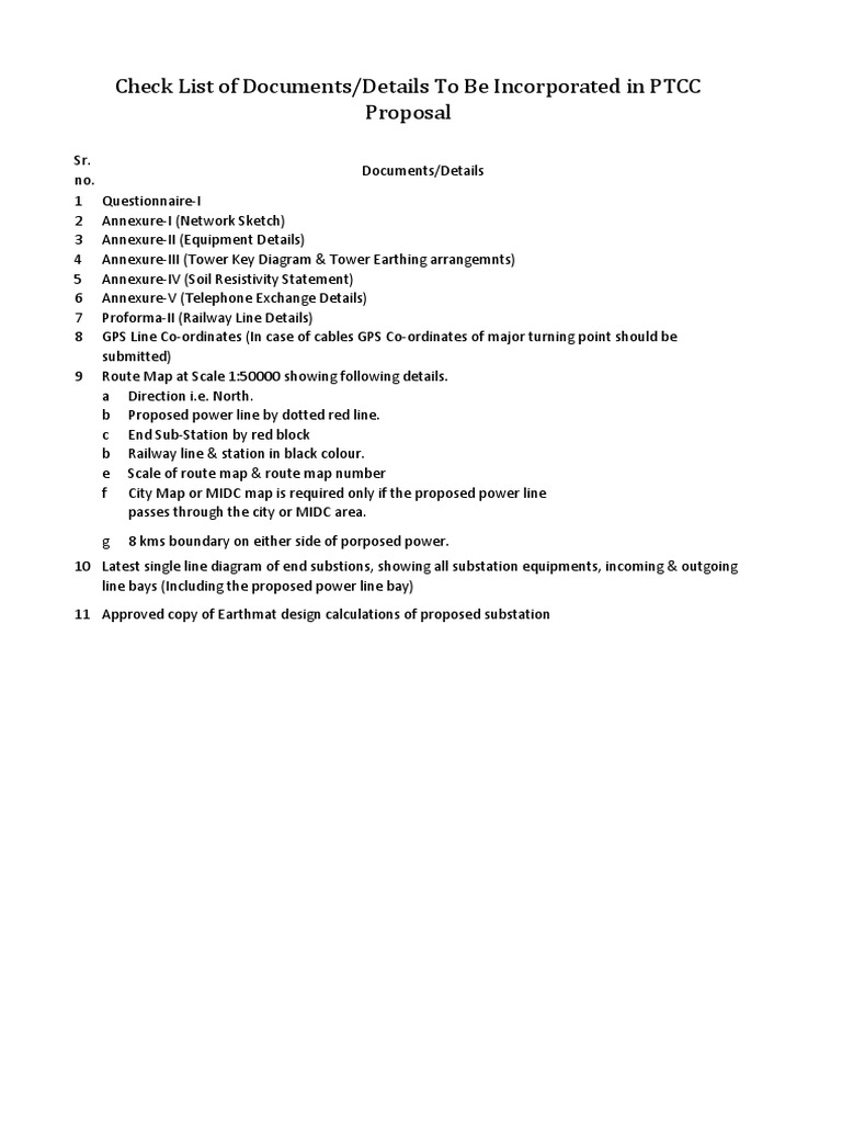Check List of Documents/Details To Be Incorporated in PTCC Proposal | PDF