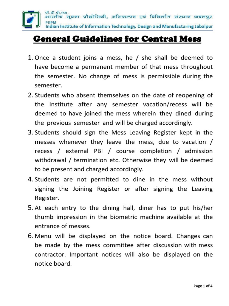General Guidelines For Central Mess: Page 1 of 4 | PDF | Social ...