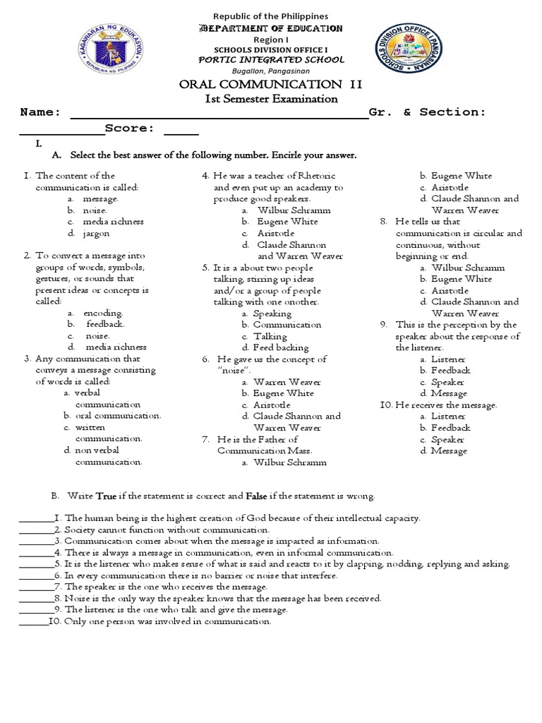 Oral Communication 11 1st Semester Examination: Analyzing Key Concepts ...