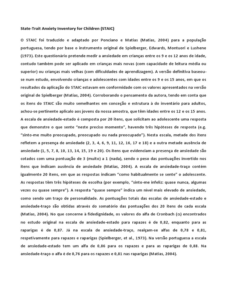 State-Trait Anxiety Inventory For Children (STAIC) | PDF | Adolescência ...