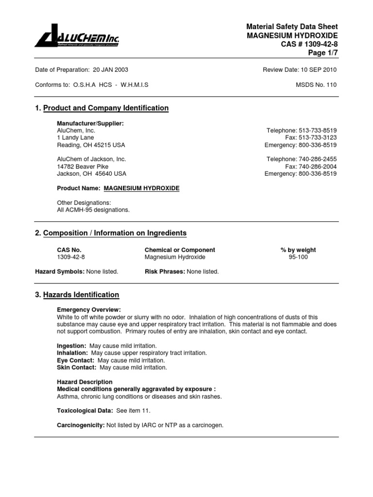 Material Safety Data Sheet Magnesium Hydroxide CAS # 1309-42-8 Page 1/7 ...