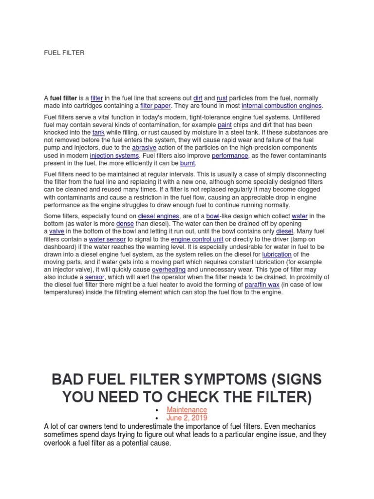 Bad Fuel Filter Symptoms (Signs You Need To Check The Filter) | PDF ...