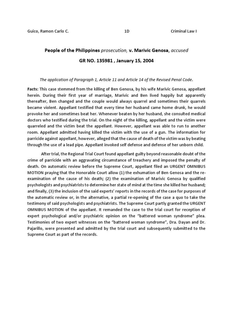 Criminal Law I - People V Genosa Gr. 135981 | PDF | Domestic Violence ...