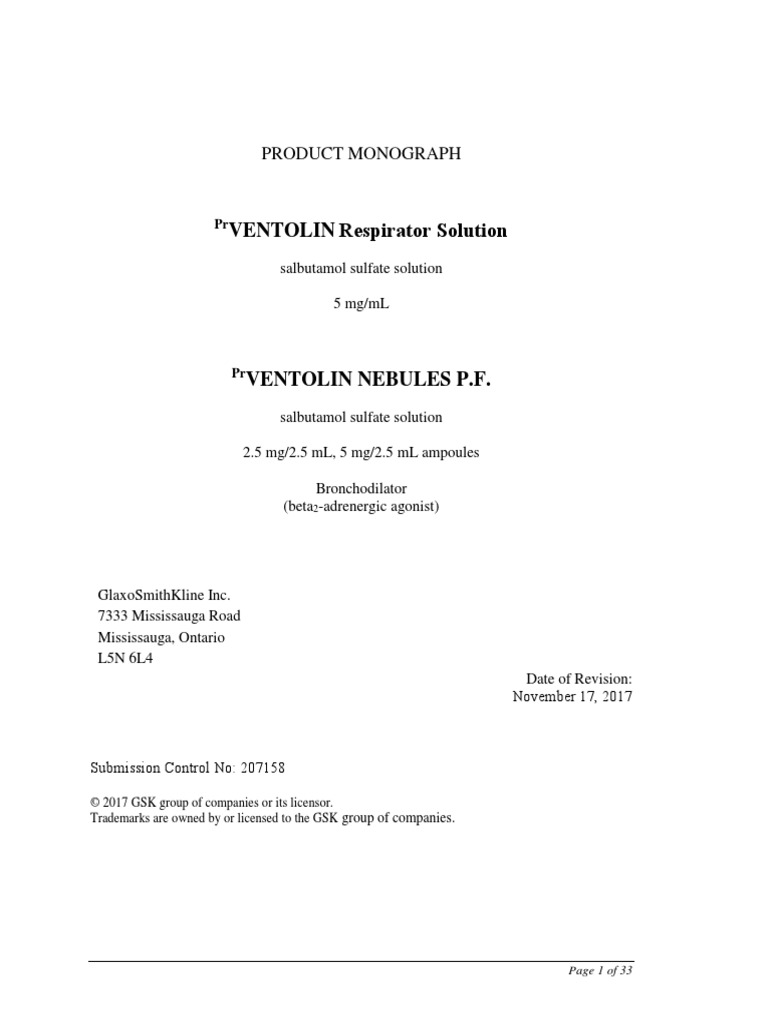 Ventolin Respirator Solution: Product Monograph | Download Free PDF ...