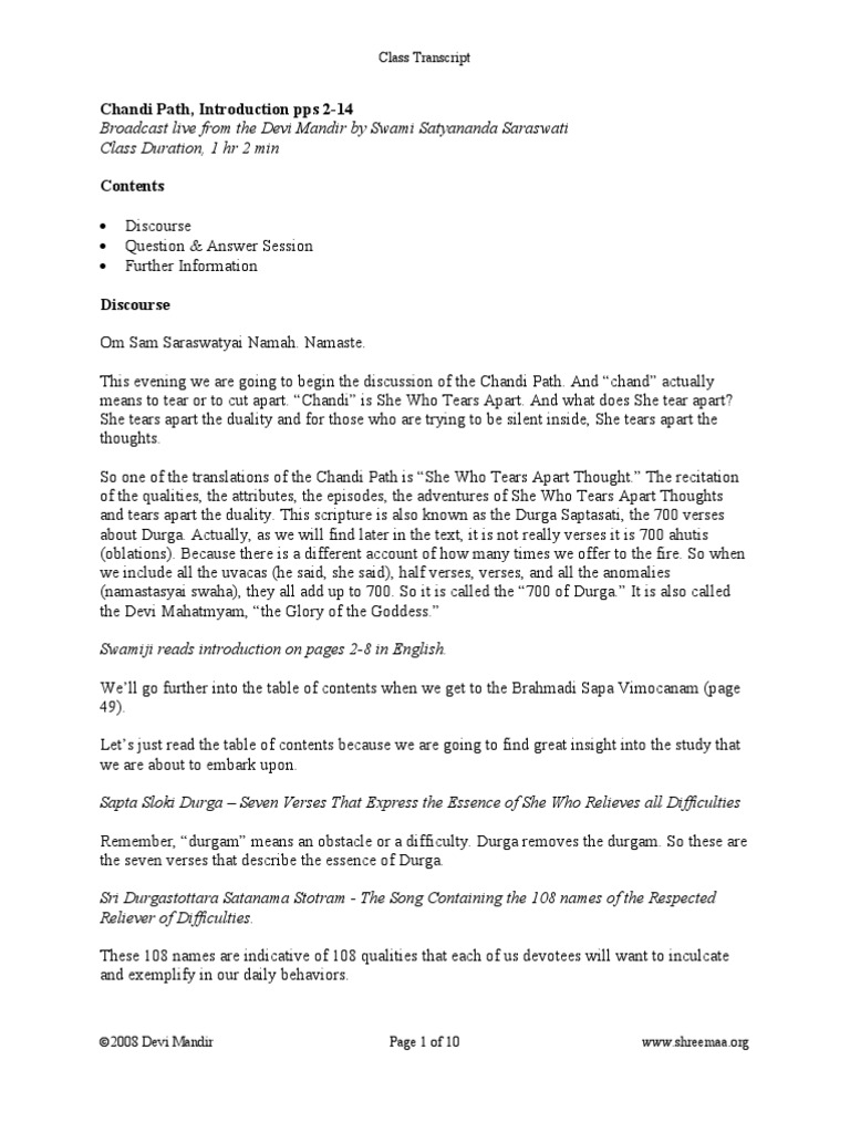 Chandi Path Class1 Transcript New Format | PDF | Tantra | Vedas