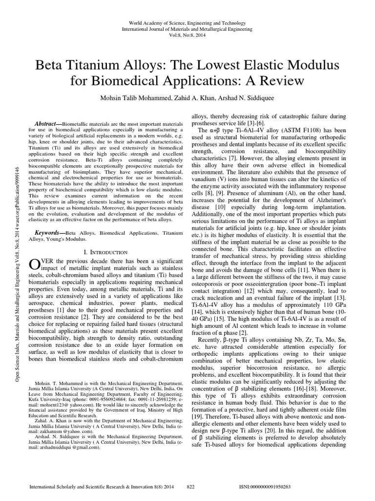 Beta Titanium Alloys The Lowest Elastic Modulus For Biomedical ...