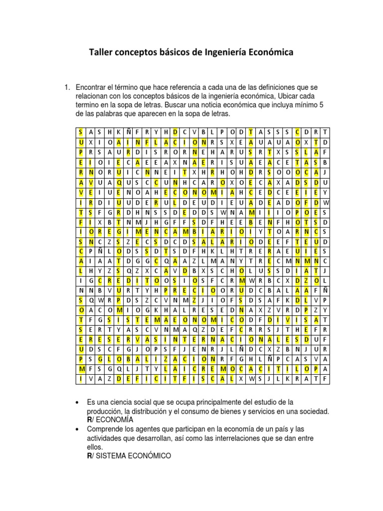 Taller Conceptos Básicos de Ingeniería Económica (Sopa de Letras) | PDF ...